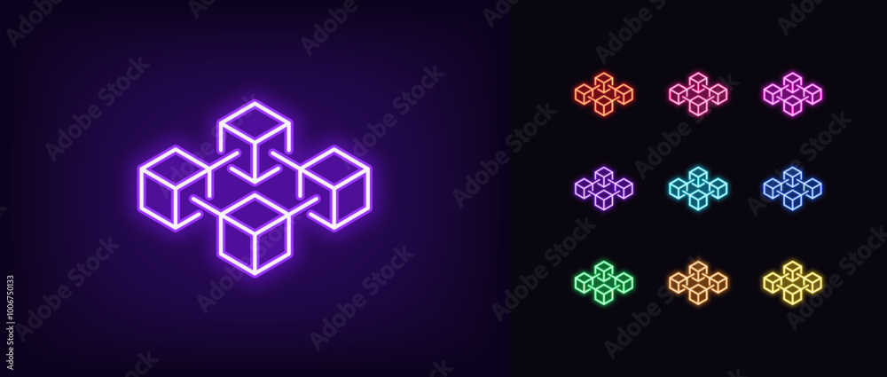 Outline neon block chain icon set. Glowing neon blockchain architecture ...