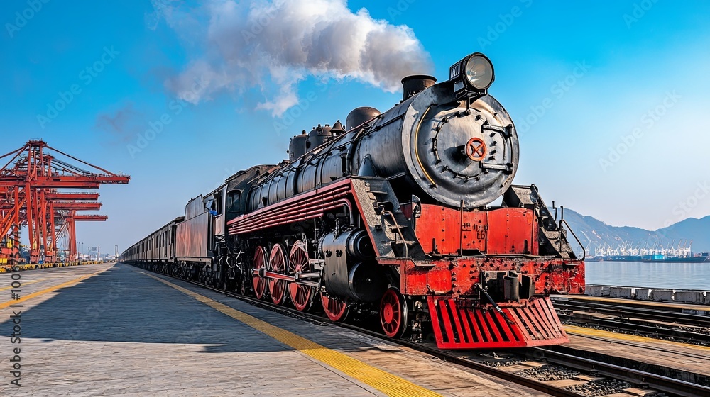 A vintage steam locomotive train with smoke billowing from its chimney ...