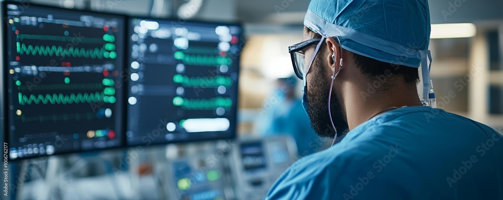 Healthcare professional monitoring critical patient data in a high-tech ...