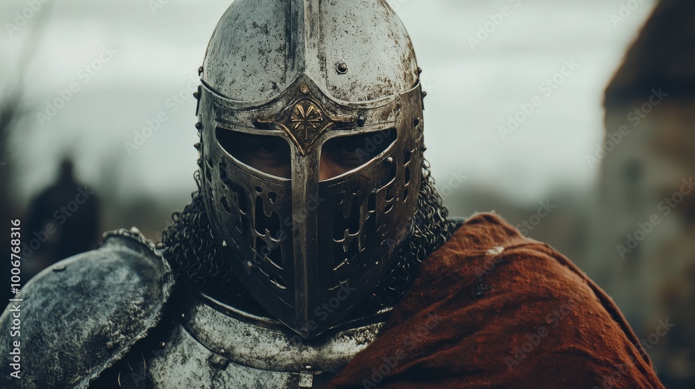 Man wearing Medieval Knights armor with heavy iron helmet on a ...