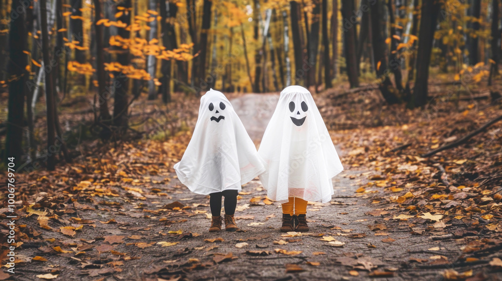 Two children dressed as ghosts with white sheets stand on a forest path ...