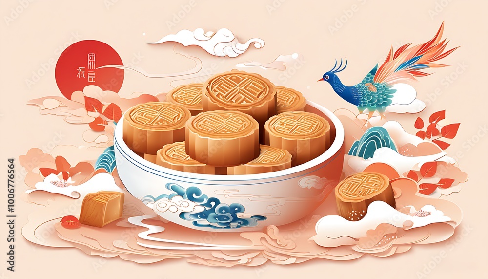 Mid-Autumn Festival, admire the moon and taste mooncakes, vector art ...