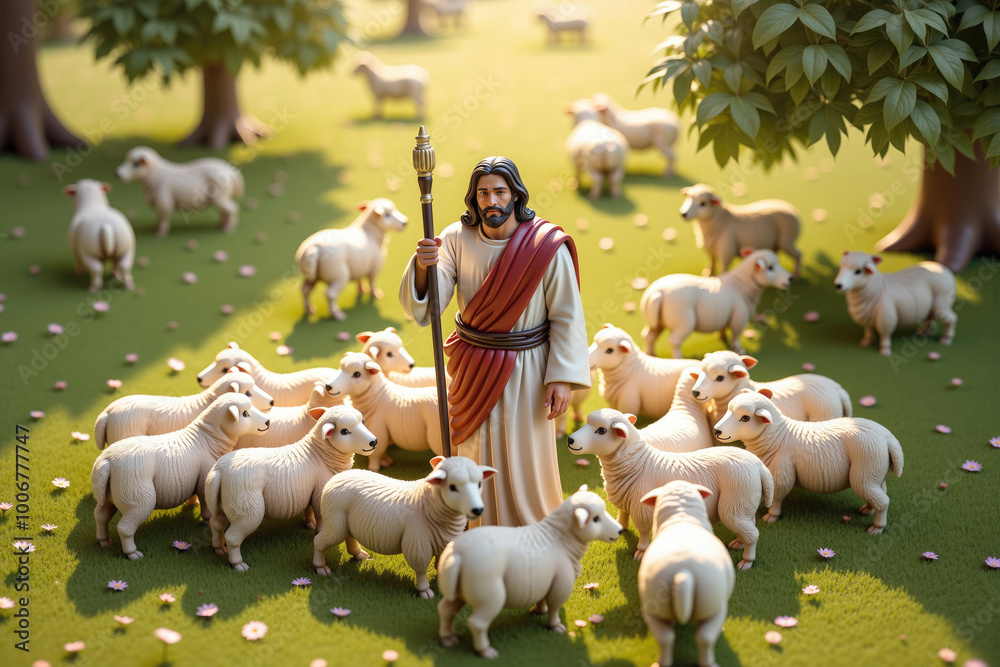 Jesus christ the good shepherd standing holding a staff and watching ...
