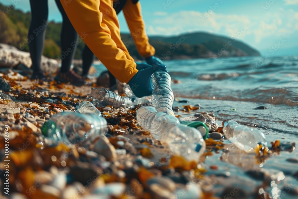 A person picks up plastic bottles and other trash on a beach ...