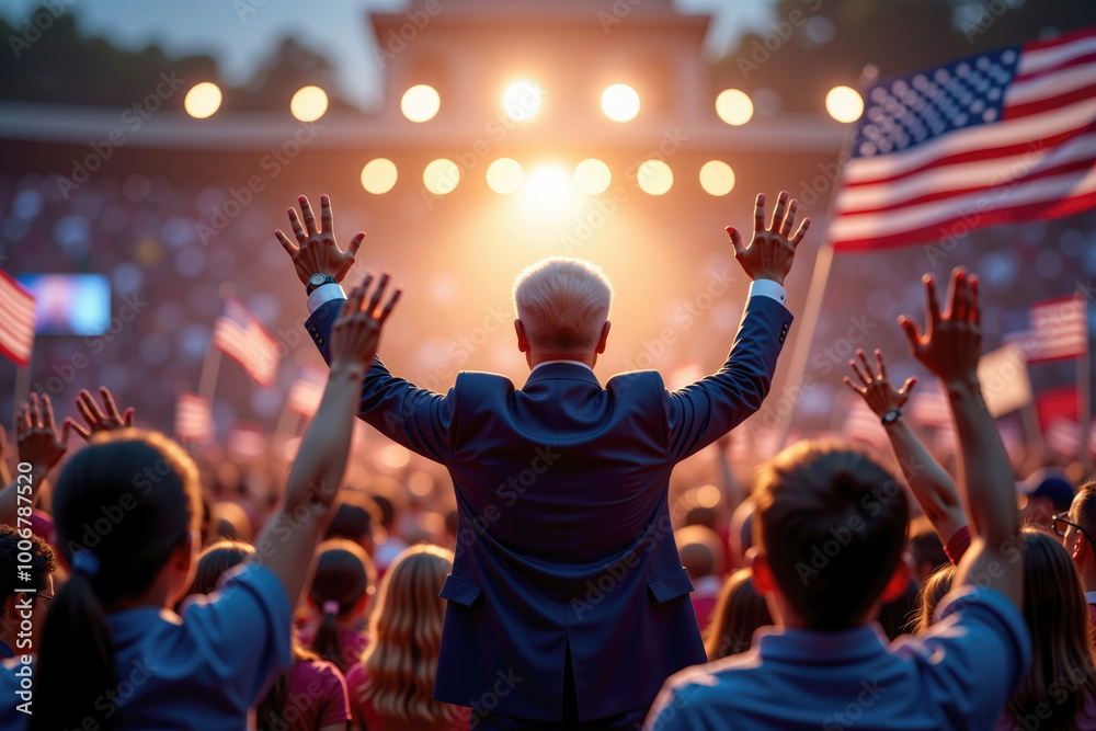 Politician raising hands in front of crowd at political campaign rally ...