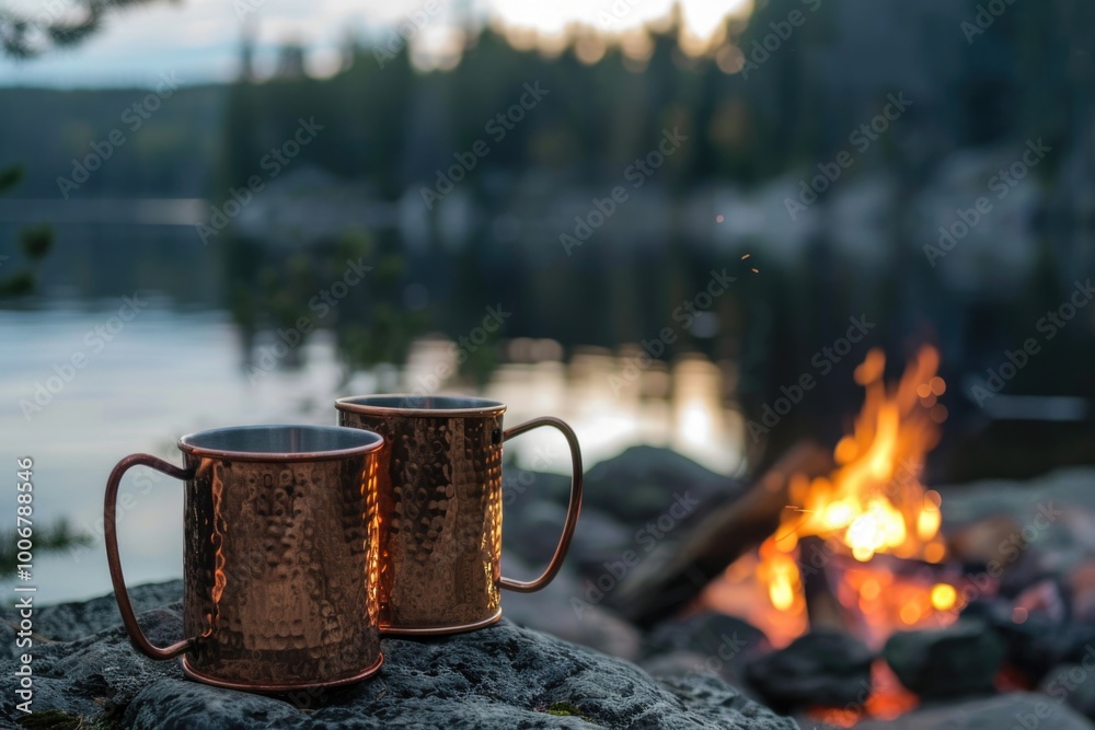 Two camping mugs sit next to a campfire, ready for a cozy night under ...