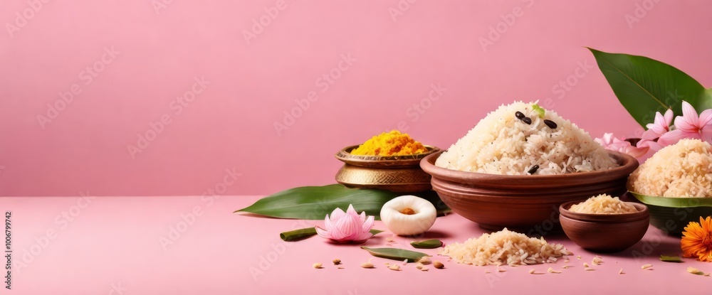 Traditional food onasadya. Onam food with sadhya rice on pink ...