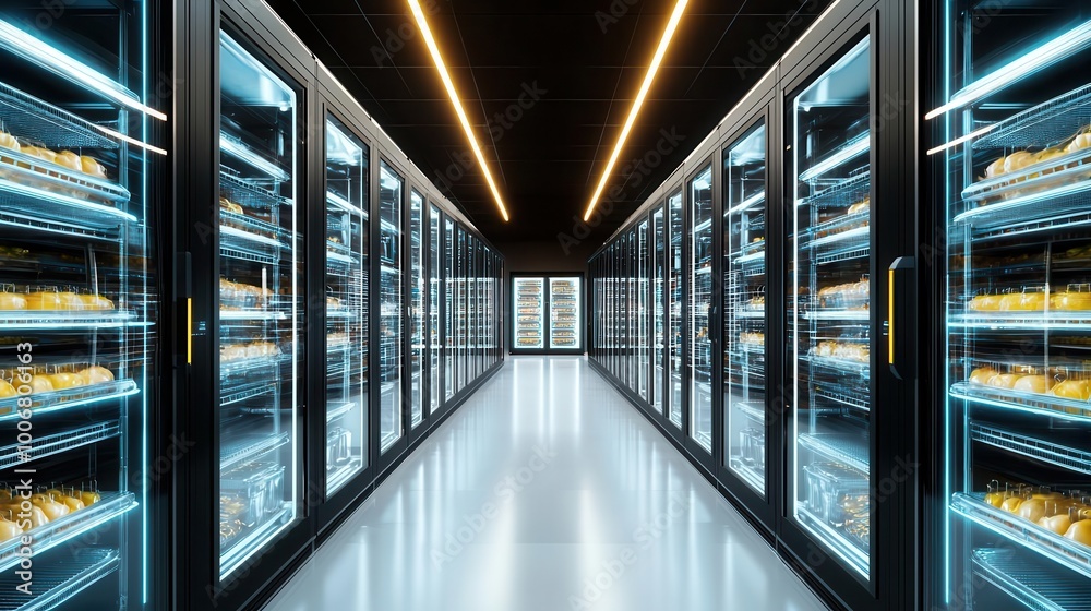 A modern walk-in commercial refrigerator with metal shelving ...
