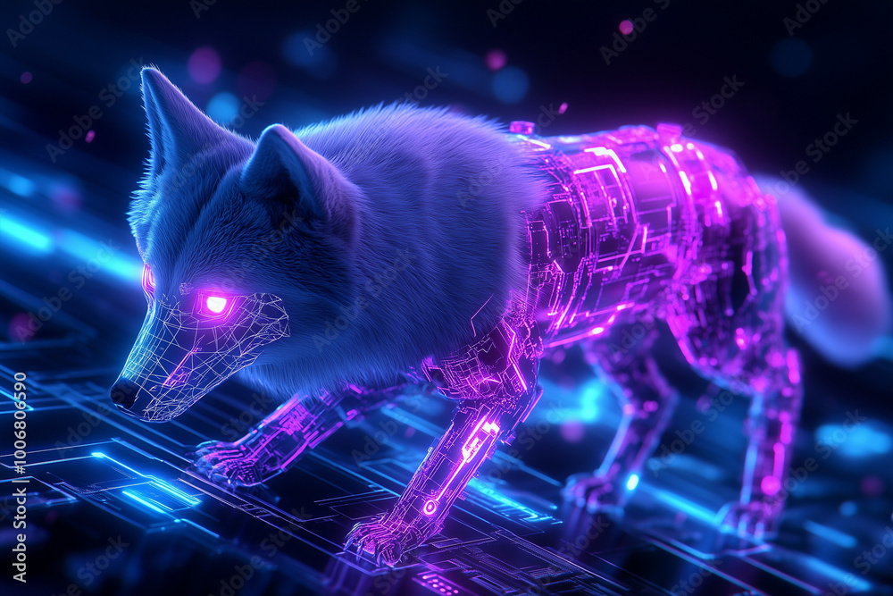 Cybernetic Fox: A sleek, futuristic fox with glowing pink eyes and a ...