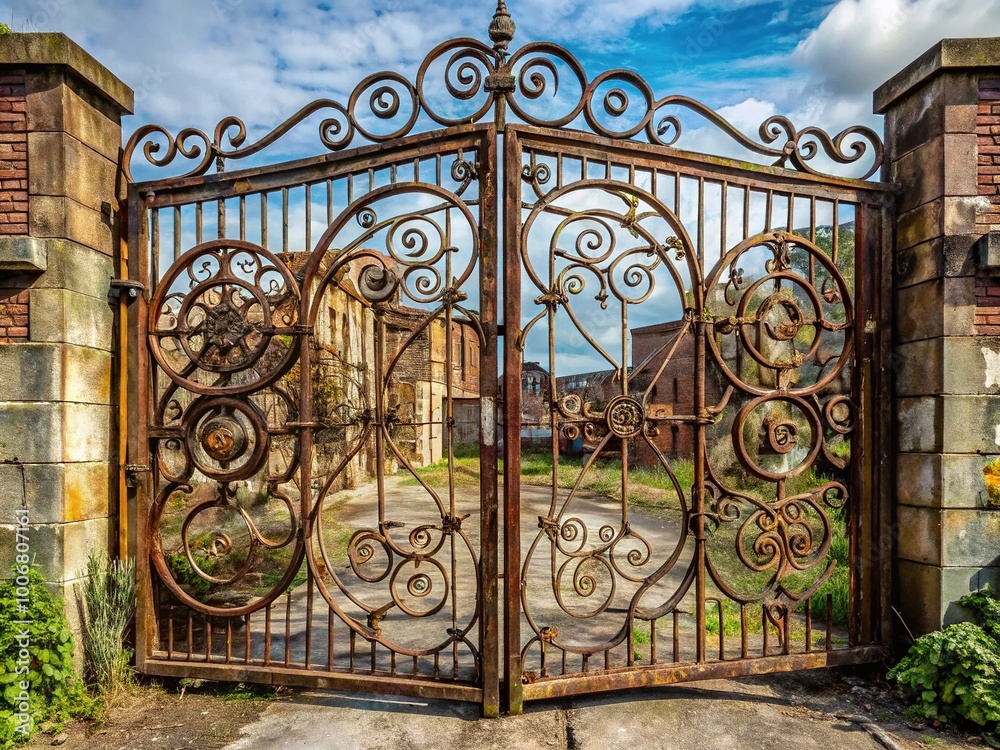 Rustic metal fence gates adorned with intricate scrollwork and ...