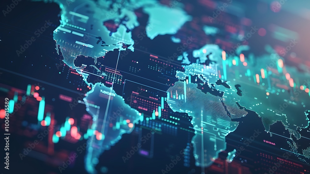 A digital representation of a world map with data overlays, symbolizing ...