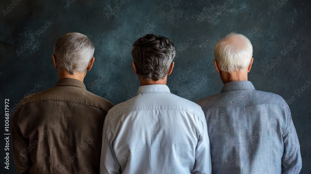 Three generations of men, aligned by age, shown from the back ...