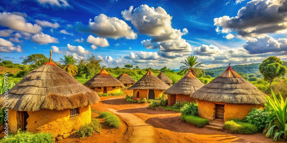 Vibrant African village scene unfolds with mud huts, thatched roofs ...