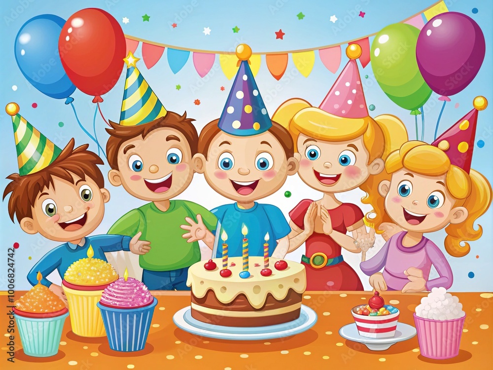 Whimsical cartoon characters gather to celebrate a birthday party with ...