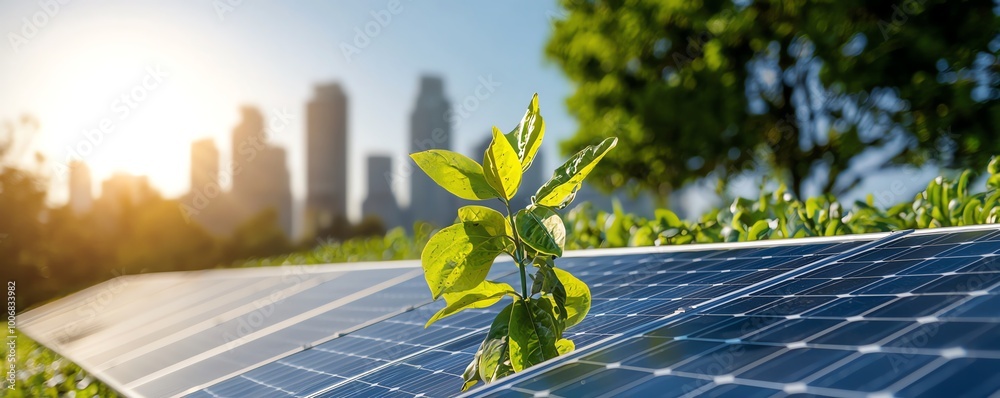 Eco-friendly solar panel with growing plant and city skyline background ...