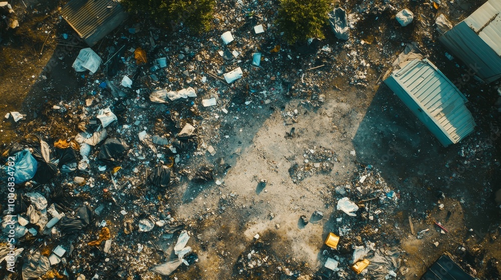 Aerial photograph shows a landfill with scattered waste, sparse ...