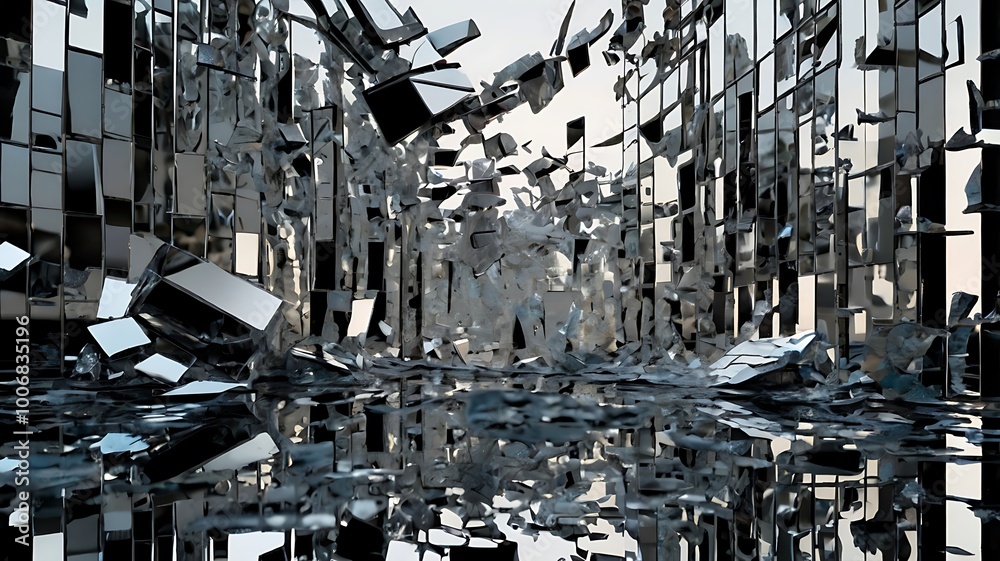 symbolic 3D scene of a fragmented mirror-world, where each shattered ...