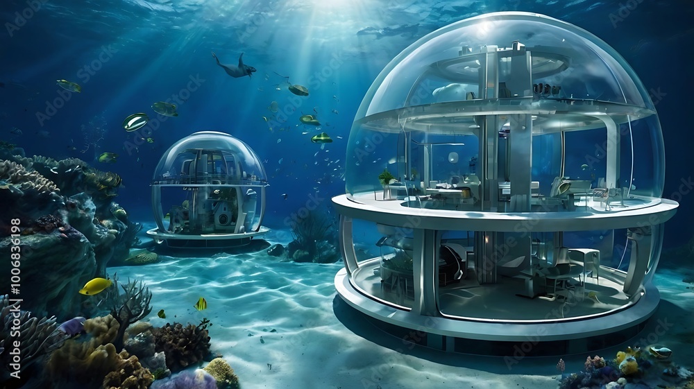 Futuristic underwater cities enclosed in transparent domes, allowing ...
