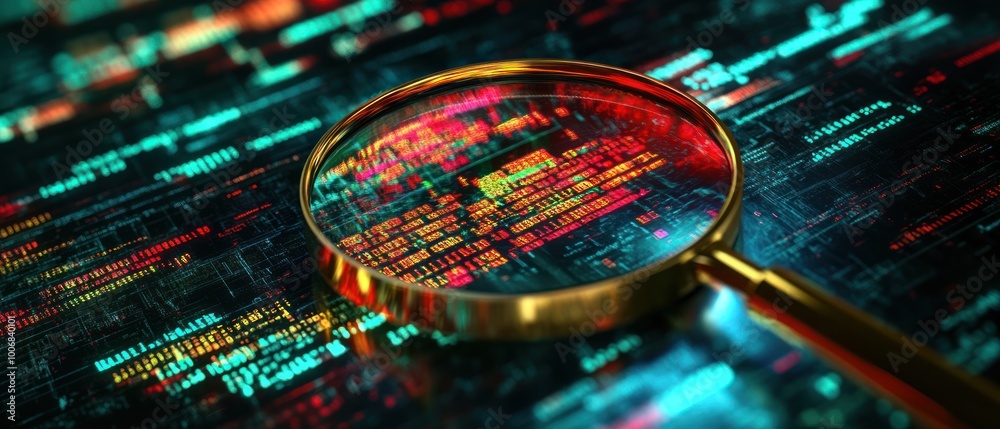 Magnifying glass with digital matrix code, symbolizing data analysis ...