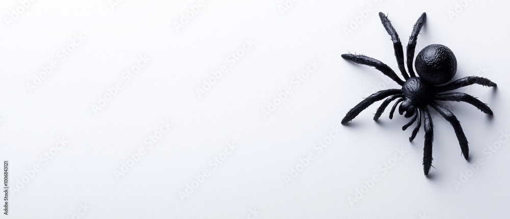 A tight shot of a black spider against a pristine white background ...