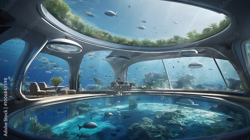 Futuristic underwater cities enclosed in transparent domes, allowing ...