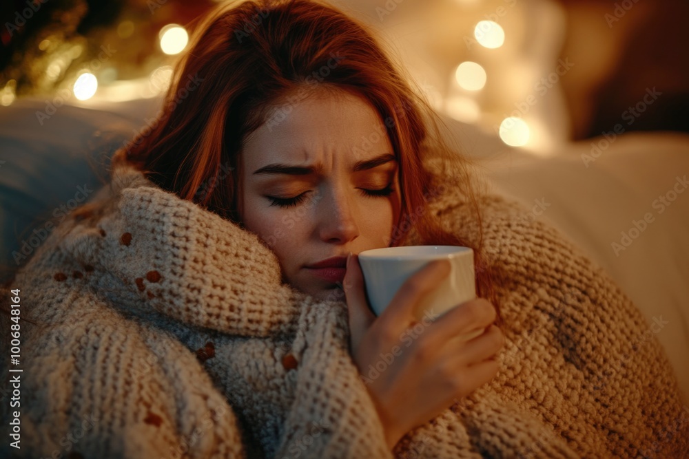 Sick woman sitting quietly on couch, loosely covered with a blanket ...
