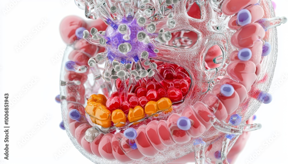 A detailed 3D stomach model, showing the entry and exit points of food ...