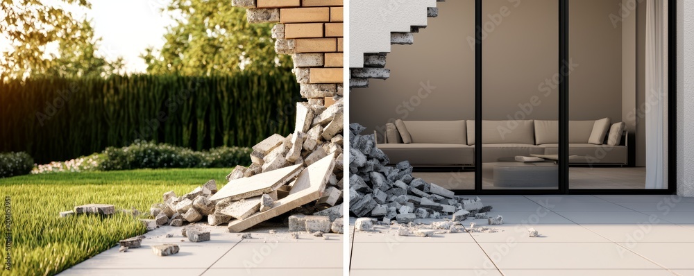 A home with a broken, collapsing porch in the before image, contrasted ...