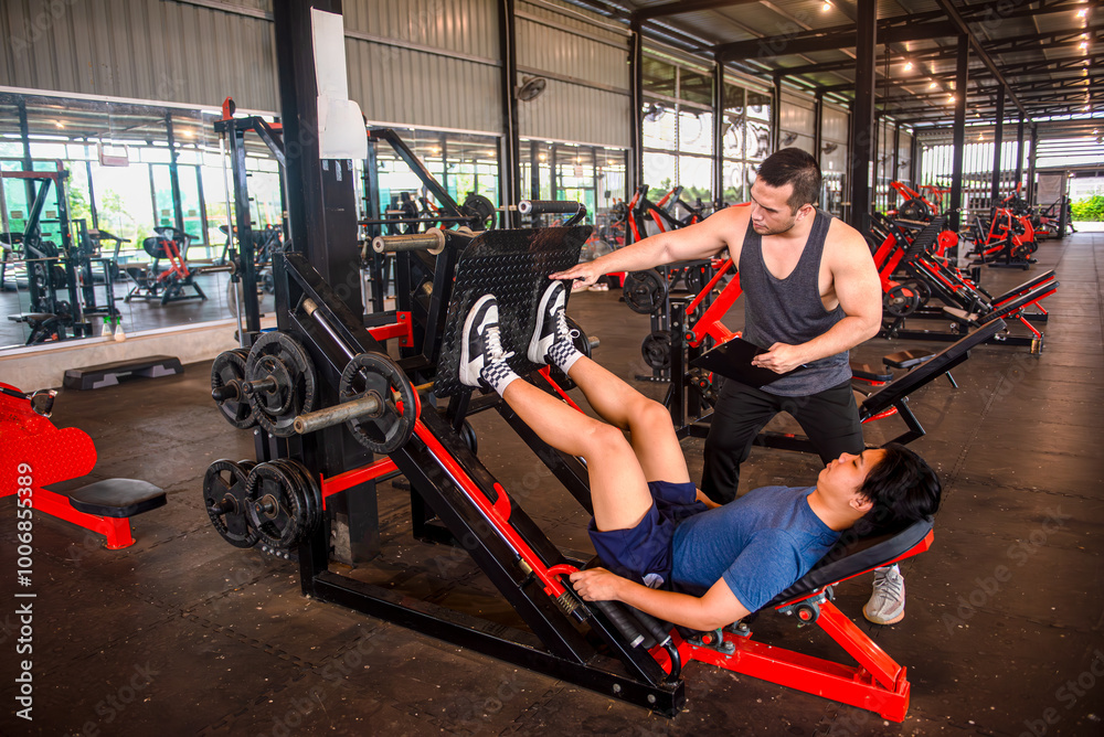 Male trainer advises proper foot placement when using the leg press ...