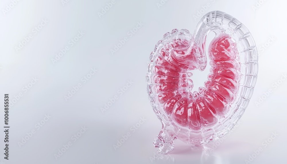 A zoomed-in view of a 3D human stomach model showing the gastric juices ...