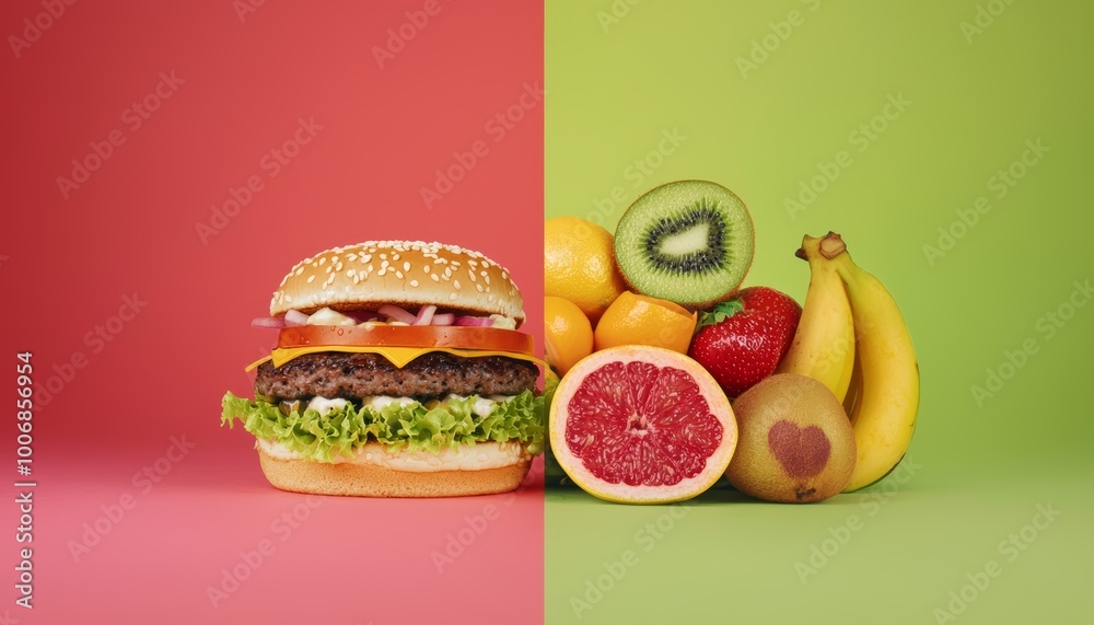 An image split perfectly down the middle, with a loaded hamburger on ...