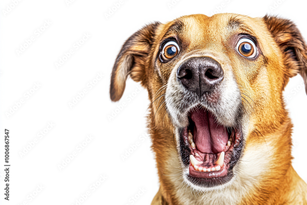 A playful dog with wide, surprised eyes and an open mouth, expressing a ...