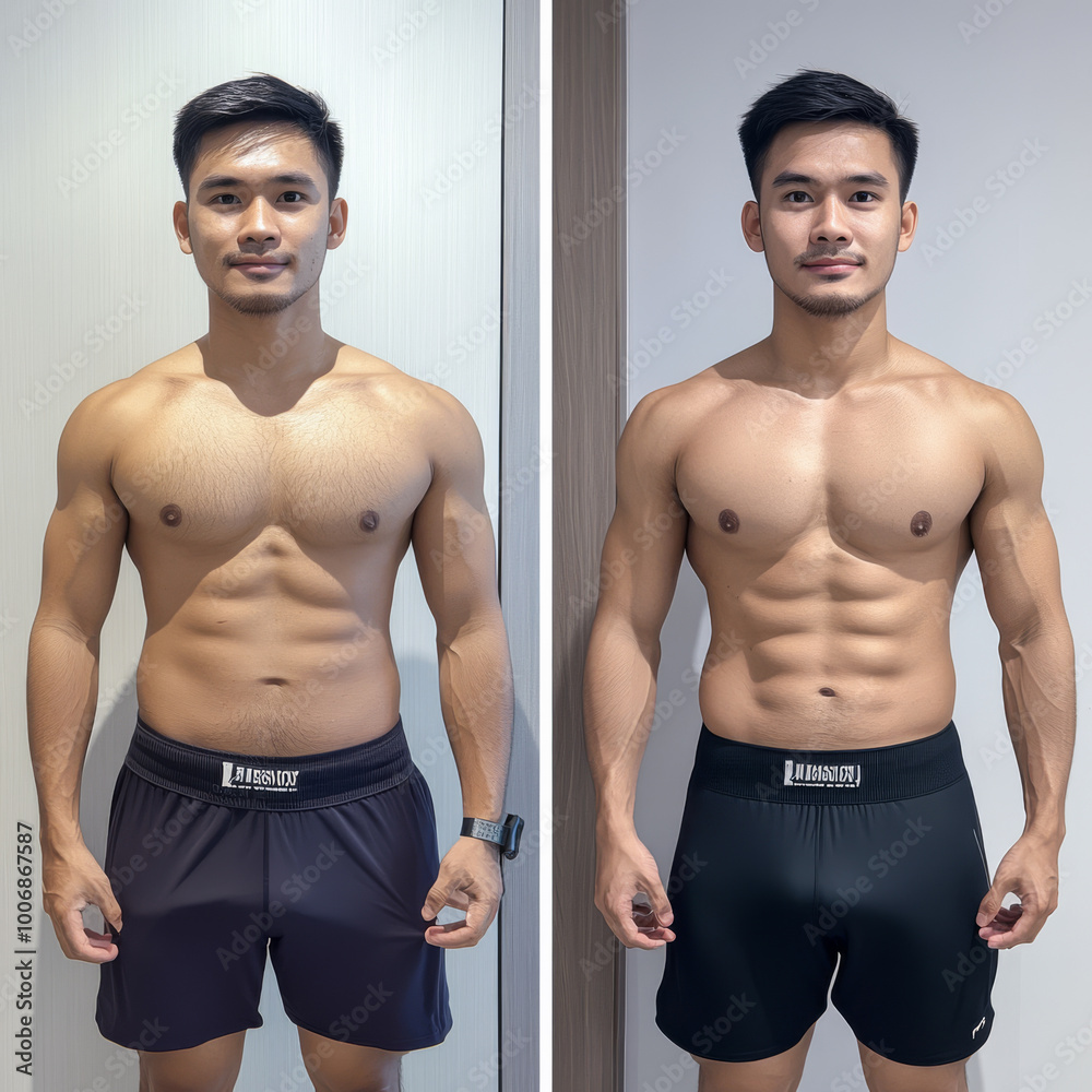 A side-by-side comparison photo of Thai men showing their upper body ...