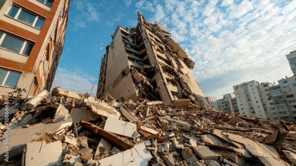Earthquake toppling skyscrapers in a densely populated city, leaving ...