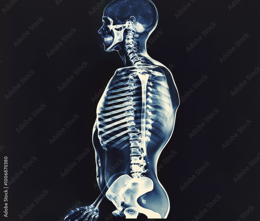 High-resolution X-ray image of a full human skeleton from a side view ...