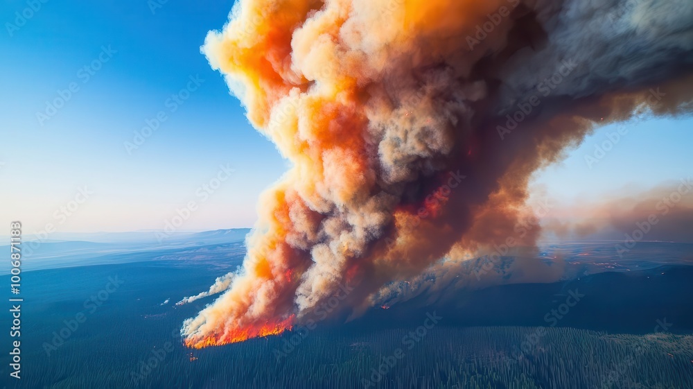 Forest fire smoke billowing into the sky, creating an eerie orange glow ...
