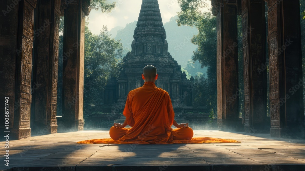 Back view of buddhist monk in orange robe, asian master meditating ...