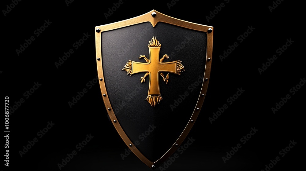 Guardian's Emblem: A majestic black and gold shield, emblazoned with a gleaming cross, stands as ...
