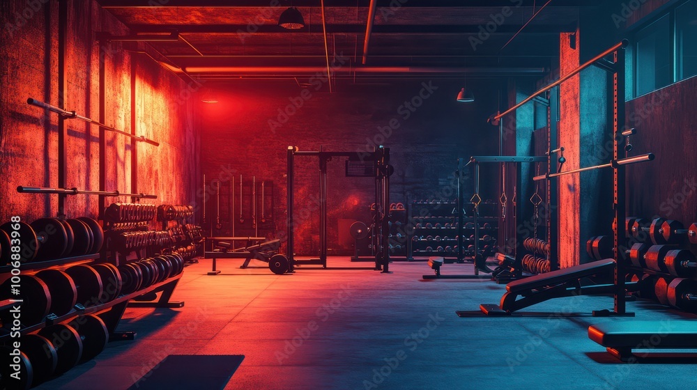 Wide angle photography of an empty modern gym interior full of weights ...