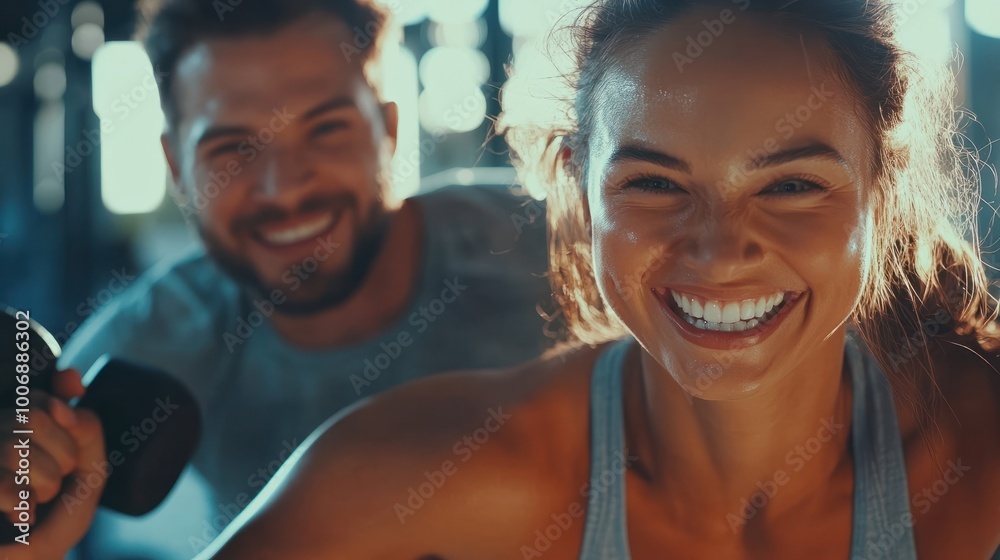A close-up shot of a happy athletic couple exercising with hand weights ...