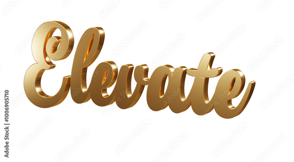 Luxury 3D gold text "Elevate" on transparent background. Three ...