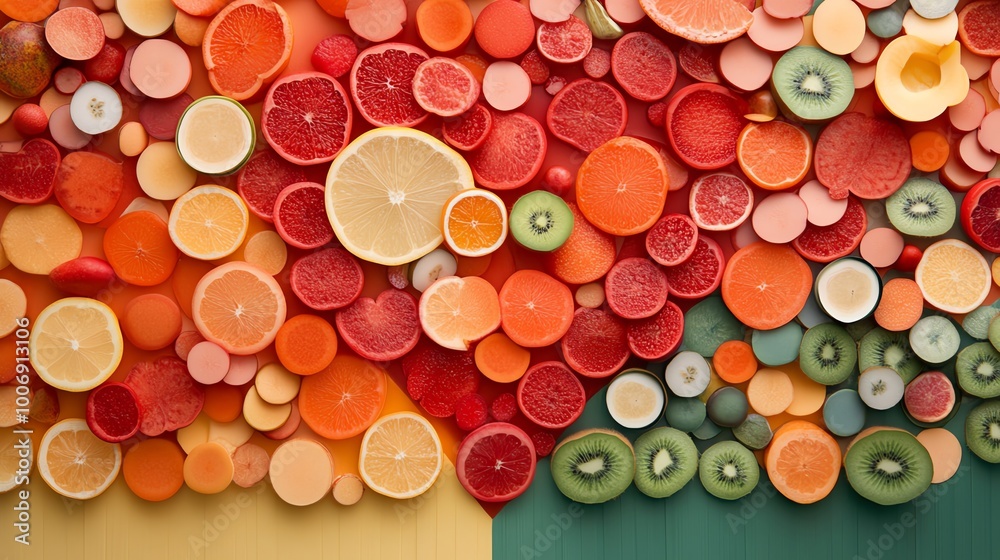 Abstract heart made of overlapping fruit and vegetable slices, Food and ...