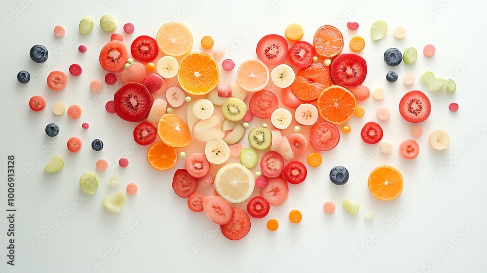Abstract heart made of overlapping fruit and vegetable slices, Food and ...