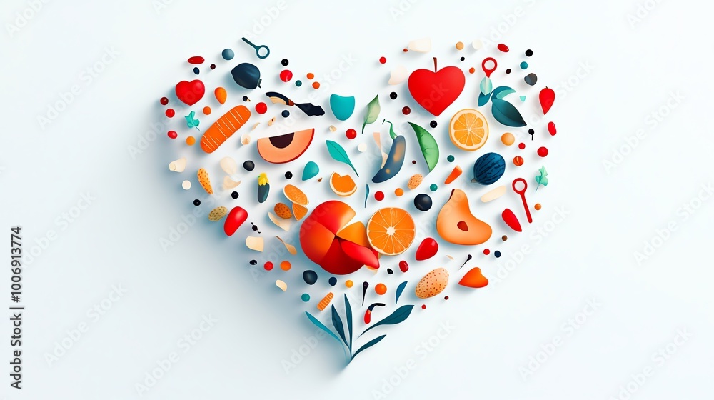 Watercolor style heart made of various fruits and vegetables, Creative ...