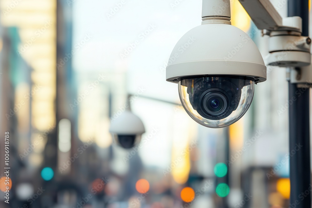 A security camera monitors a bustling urban street, capturing the ...