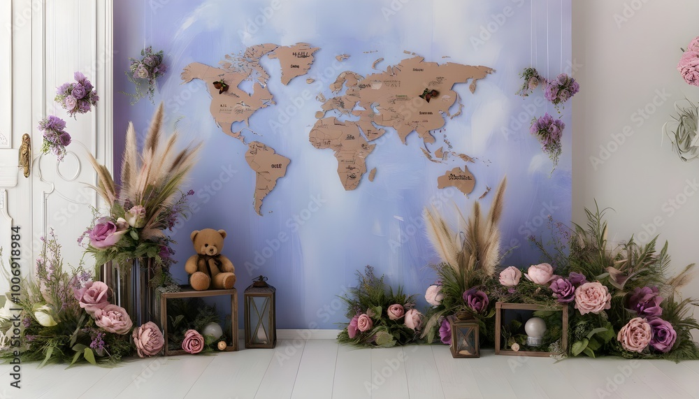 Charming blue and white room featuring a wall map and a cozy teddy bear ...