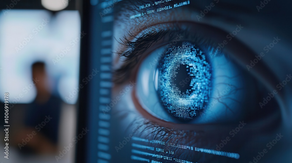 A close-up of a blue digital eye, symbolizing technology, innovation ...