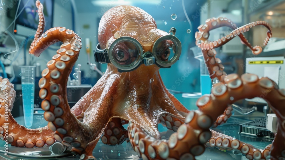An octopus wearing goggles working in a futuristic science lab ...