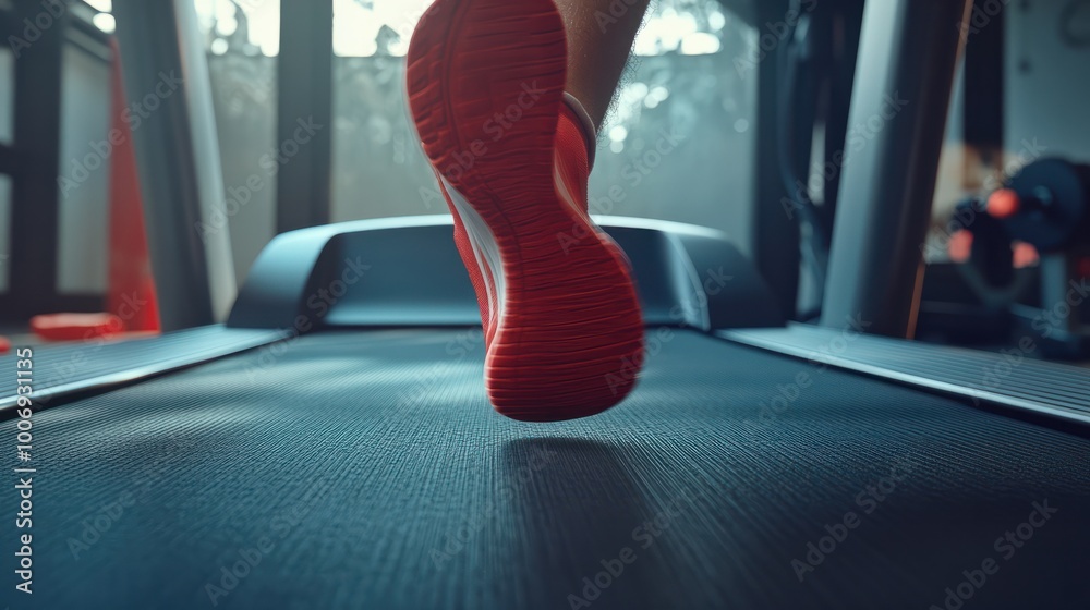 Mans feet running on treadmill at gym focused on achieving fitness ...