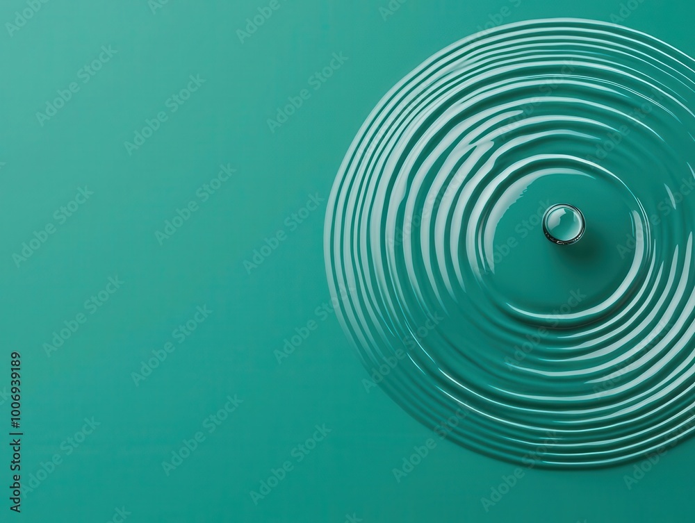 A single droplet of water creating expanding ripples that form ...